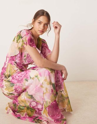 Hope & Ivy Robe longue imprimée à col bénitier et manches en cascade - Rose