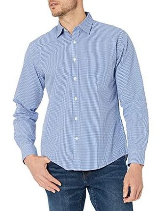 Amazon Essentials Chemise en Popeline à Manches Longues, Style Décontracté, Coupe Standard Homme, Bleu Motif Vichy, L