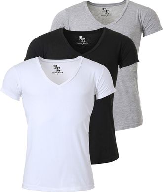 Young & Rich Herren Uni T-Shirt mit extra tiefem V-Ausschnitt Slimfit Stretch Dehnbare Passform einfarbiges Basic Shirt - 3er Pack, Gr&ouml;sse:3XL, Farbe:Wei&szlig;/Schwarz/