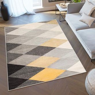 Tapiso Lazur Tapis Poil Ras Moderne Gris Jaune Cr&egrave;me Noir G&eacute;om&eacute;trique Motif Losanges Tapis Salon Chambre Adulte Salle &agrave; Manger Bureau Oeko-TEX R&eacute;sistant 120 