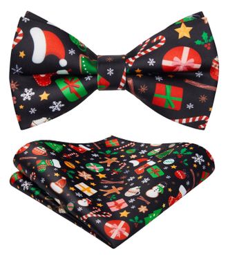 Hisdern Weihnachtsfliege Herren Vorgebunden Einstellbar Weihnachtsfliege mit Einstecktuch Set Schwarz Fliege Taschentuch mit weihnachtsmotiv für Party