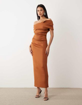 Asos Robe mi-longue fendue en imitation n&eacute;opr&egrave;ne &agrave; encolure Bardot - Marron