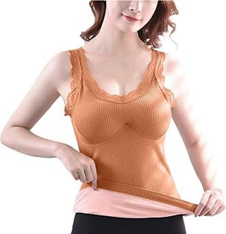 Generic Chemises thermiques sans manches pour femme avec soutien-gorge int&eacute;gr&eacute; amovible et col en V, sous-v&ecirc;tements doubl&eacute;s en polaire, caf&eacute;, Taille unique