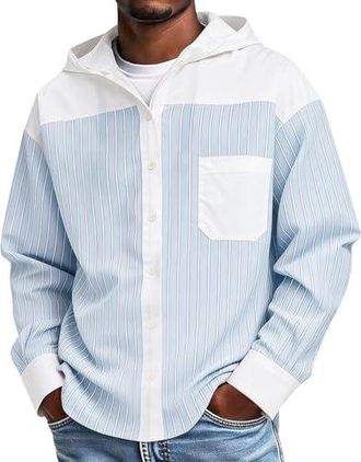 Generic Chemises pour homme adulte &agrave; manches longues contrast&eacute;es ray&eacute;es avec poche poitrine printemps et automne chemise &agrave; capuche tops sans repassage coupe d