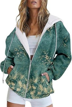 Generic Mode Automne Et Hiver Chaud Coloré Rétro Fleur Imprimé Poche Décontractée À Manches Longues Cordon À Capuche Veste Fermeture Éclair Dames Sweat À Capu