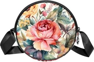 Generic Petit sac &agrave; bandouli&egrave;re circulaire pour femme, motif feuilles florales, sac &agrave; dos avec fermeture &eacute;clair, bretelles r&eacute;glables, sac &agrave; main rond d&eacute;contra