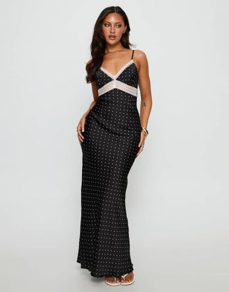 Princess Polly Inki Satin-Maxikleid mit Kontrastspitze und Tr&auml;gern in Schwarz mit Polka-Dots
