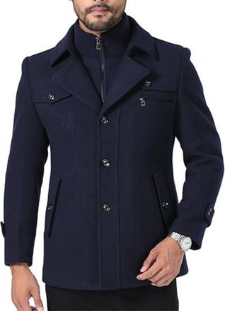 Generic Caban dhiver &eacute;l&eacute;gant en laine m&eacute;lang&eacute;e &agrave; simple boutonnage militaire d&eacute;contract&eacute; automne hiver caban chaud et doux pour homme, bleu marine, 3XL