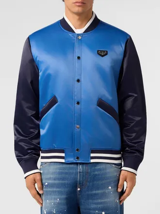 Philipp Plein Blouson aviateur en satin rembourr&eacute; de style universitaire avec fermeture &agrave; boutons