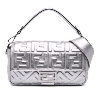 Fendi Silver Zucca Embossed Leather Baguette Satchel