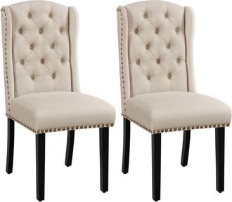 Yaheetech Lot de 2 Chaises de Salle &agrave; Manger en Tissu Effet Lin Design Classique Boutonn&eacute; Ensemble de Chaises de Cuisine Rembourr&eacute;es avec Pieds en Bois Massif