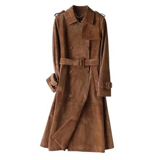 Generic Veste longue en cuir de vachette pour femme - Automne Hiver Daim Classique Caf&eacute; Double Boutonnage Slim Ceinture Trench Coat, caf&eacute;, S