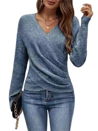 Generic &Eacute;l&eacute;gant pull d&eacute;contract&eacute; en tricot &agrave; col en V pour femme, pull crois&eacute; &agrave; manches longues, haut dautomne d&eacute;contract&eacute;, fronc&eacute;, bleu, XXL