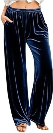 Generic Pantalon en velours pour femme avec poches, doux, habill&eacute;, d&eacute;contract&eacute;, taille &eacute;lastique, pantalon de d&eacute;tente en velours chaud, pantalon formel, bleu 