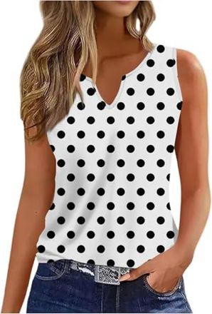 Generic Debardeur Femme Chic et &eacute;l&eacute;gant Chemisier sans Manche &Agrave; Pois D&eacute;bardeur Blanc Col V Top Ete Haut Chic et Elegant Fluide Ample Caraco Vetement Femme Ete