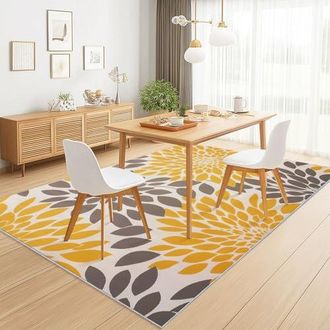 Generic Jaune-Gris Lavable en Machine Tapis Salon Abstrait Minimaliste Floral, 160 x 230 cm Doux Tapis de Sol Pelucheux Dessous Antid&eacute;rapant, Entree Interieur