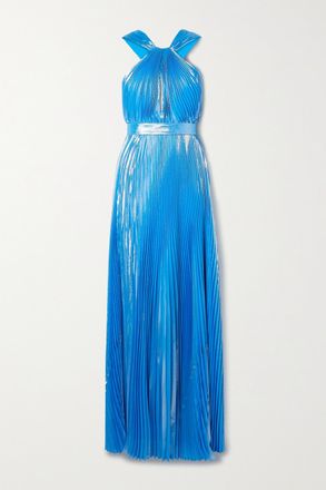 SemSem Neckholder-robe Aus Plissiertem Lam&eacute; Aus Einer Seiden-lurex-mischung Mit Cut-out - Blau