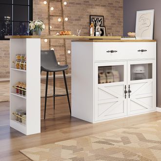 Generic EINHOM Ausziehbarer Bartisch mit Stauraum, 360&deg; Drehbare Essbar, Sideboardschrank mit Regalen, Hochtisch K&uuml;cheninsel Bistrotisch, 1 Schubladen und 2 T