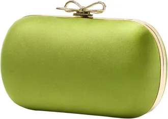 Self Portrait Crystal-Bow Satin Clutch - Green