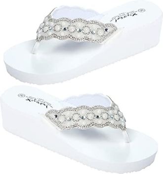 Beaupretty Sandales Femme Blanches Talon Compensé avec Perles et Chaussures de Plage Antidérapantes pour Femmes Style Tong Chic et Confortable Pointure