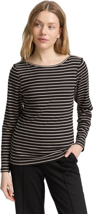 Tom Tailor Damen 1047730 Langarmshirt mit Streifenmuster, 38583-Black Taupe Tee Stripe, XL