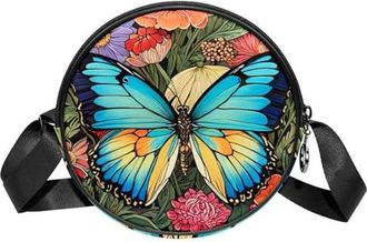 Generic Sac &agrave; bandouli&egrave;re rond pour femme, petit sac &agrave; bandouli&egrave;re avec fermeture &eacute;clair, bretelles r&eacute;glables, style d&eacute;contract&eacute;, motif papillon