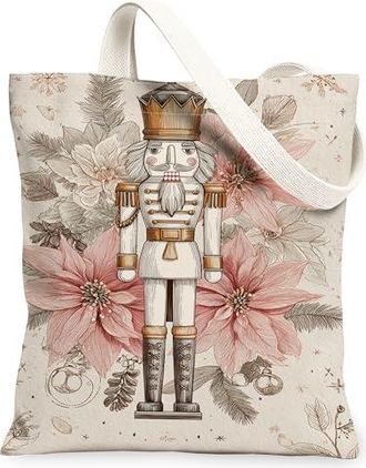 Generic Sacs fourre-tout en toile motif casse-noisette de No&euml;l, sacs d&eacute;picerie r&eacute;utilisables, vintage, l&eacute;gers, lavables avec bandouli&egrave;re, beige, 13x15 Inch