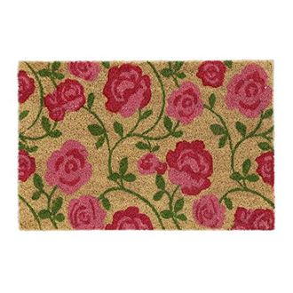 Relaxdays Fußmatte Kokos, Rosen-Motiv, Fußabtreter 40x60 cm, Türvorleger innen & außen, rutschfest, Türmatte, pink/Natur
