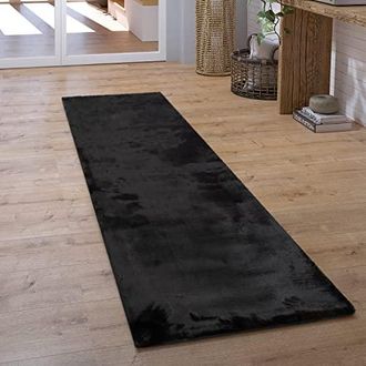 Paco Home Tapis Salon Poil Long Tapis Couloir Chambre Tapis Shaggy Poil Long Moelleux Fausse Fourrure Tapis Moderne Monochrome, Dimension:80x300 cm, Couleur:Noi
