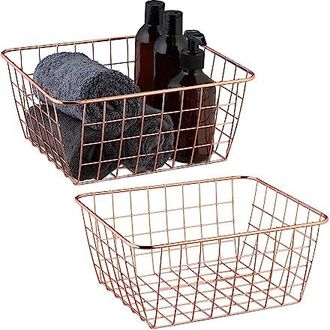 Relaxdays Drahtkorb 2er Set, eckig, Aufbewahrungskorb Metall, HBT 12x27,5x22,5 cm, Korb Küche, Bad, Gitterkorb, roségold