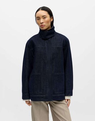 Object Veste en jean &agrave; col chemin&eacute;e contrastant - Bleu fonc&eacute;