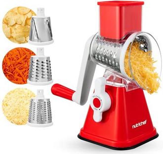 Nutrichef 3 in 1 K&auml;se Reibe & Raspel | Starker Saugfu&szlig;, Rotary Griff mit Sicherheitsverschluss | Inklusive Handkurbel & 3 Trommeln f&uuml;r 3 Texturen, Fein, Mittel 