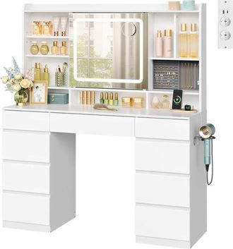 Woltu Coiffeuse avec Miroir LED Coulissant, Grande Coiffeuse avec 9 Tiroirs, Luminosit&eacute; R&eacute;glable, en Bois, Blanc