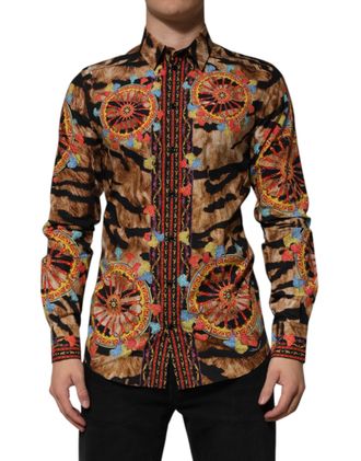 Dolce & Gabbana Mens Gold Cotton Tiger Carretto Long Sleeve Shirt