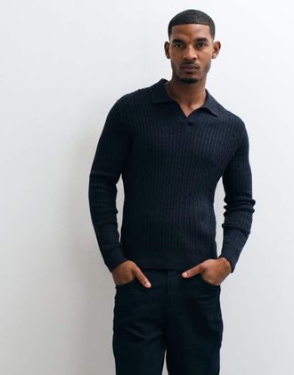 Mango pull en maille &agrave; col revers marine-bleu marine