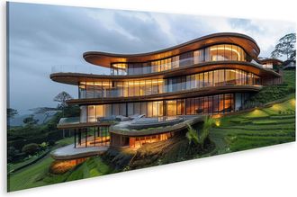 Islandburner Bild auf Leinwand Modernes wellenf&ouml;rmiges Haus bei D&auml;mmerung f&uuml;r Wohnzimmer Architektur-Liebhaber Bilder Wandbilder Poster