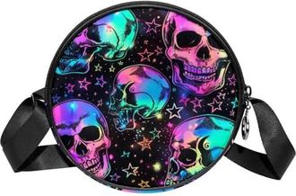 Generic Petit sac &agrave; bandouli&egrave;re circulaire pour femme, motif cr&acirc;nes, petit sac &agrave; dos &agrave; bandouli&egrave;re avec fermeture &eacute;clair, bretelles r&eacute;glables, sac &agrave; main rond