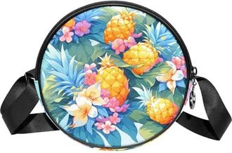 Generic Sac &agrave; bandouli&egrave;re rond pour femme, motif fleurs dananas avec fermeture &eacute;clair, bretelles r&eacute;glables, sac &agrave; main rond d&eacute;contract&eacute; pour femmes et filles