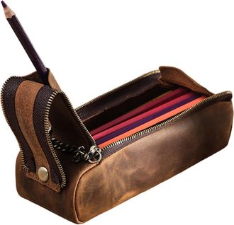 Generic Bleistifttaschen - Leder Vintage Aufbewahrungstasche mit Doppelrei&szlig;verschluss Schulzubeh&ouml;r | Aufbewahrung Organizer f&uuml;r B&uuml;roartikel Stifthalter - F&uuml;r 