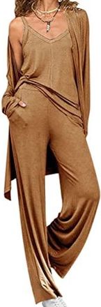 Minetom Pyjama Femme Automne Hiver Ensemble de Trois Pieces Pyjamas Nuit Manche Longue Veste Cardigan Débardeur Pantalon 3 Pièces A Kaki XL