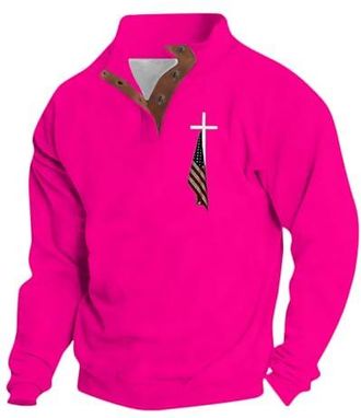 Generic Pull à col rond pour homme - Mode décontractée - Imprimé 3D - Col montant - Bouton - Manches longues - Sweat à capuche décontracté, rose vif, 3XL
