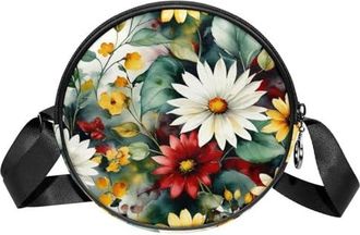 Generic Petit sac &agrave; bandouli&egrave;re circulaire pour femme, motif feuilles florales, sac &agrave; dos avec fermeture &eacute;clair, bretelles r&eacute;glables, sac &agrave; main rond d&eacute;contra