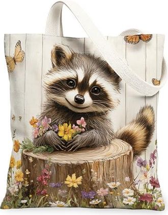 Generic Sac fourre-tout en toile de raton laveur printanier pour le shopping, 33 x 38,1 cm, sac d&eacute;picerie r&eacute;utilisable pour femme, motif animal de voyage, d&eacute;c