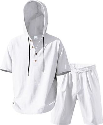 Generic Ensemble d&eacute;t&eacute; 2 pi&egrave;ces en lin pour homme, manches courtes et shorts, confortable de couleur unie, chemise &agrave; capuche, polyvalente, ample, chemise l&eacute;g&egrave;r