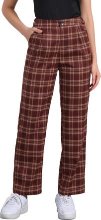 Allegra K Damen Vintage Tartan Plaid Hose Elastische Taille Gerade Lange Hose, Burgunder, M