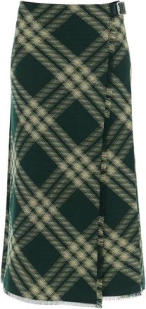 Burberry Femme, Jupes, Vert, Taille: 36 FR Jupe Midi Portefeuille &agrave; Carreaux avec Garniture &agrave; Franges