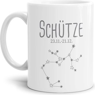 Tassendruck Tasse mit Sternzeichen Schütze - Sternbild Kaffeetasse mit Spruch - Geschenk zum Geburtstag, Horoskop, Astronomie - Keramik Weiß, 300 ml | Schütze