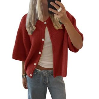 Generic Y2k Cardigan court en tricot &agrave; manches courtes boutonn&eacute; en tricot c&ocirc;tel&eacute; de couleur unie pour femme, bordeaux, XL