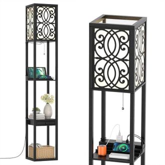 Costway Costway - Lampadaire avec 3 &Eacute;tag&egrave;res et Tiroir, Lampe &Eacute;tag&egrave;re avec 1 Prise de Courant et 2 Ports usb, pour Salon et Chambre, 26L x 26l x 160H cm, Noir