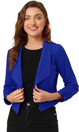 Allegra K Blazer Court Femme pour Bureau & Travail Veste Courte Cintré à Manches Longues avec Revers Cranté Devant Ouvert sans Bouton Bleu M